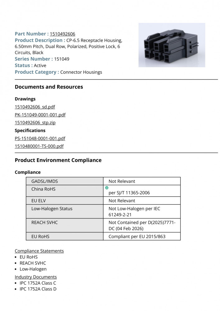Molex CP 6.5 connector specification preview, page 1