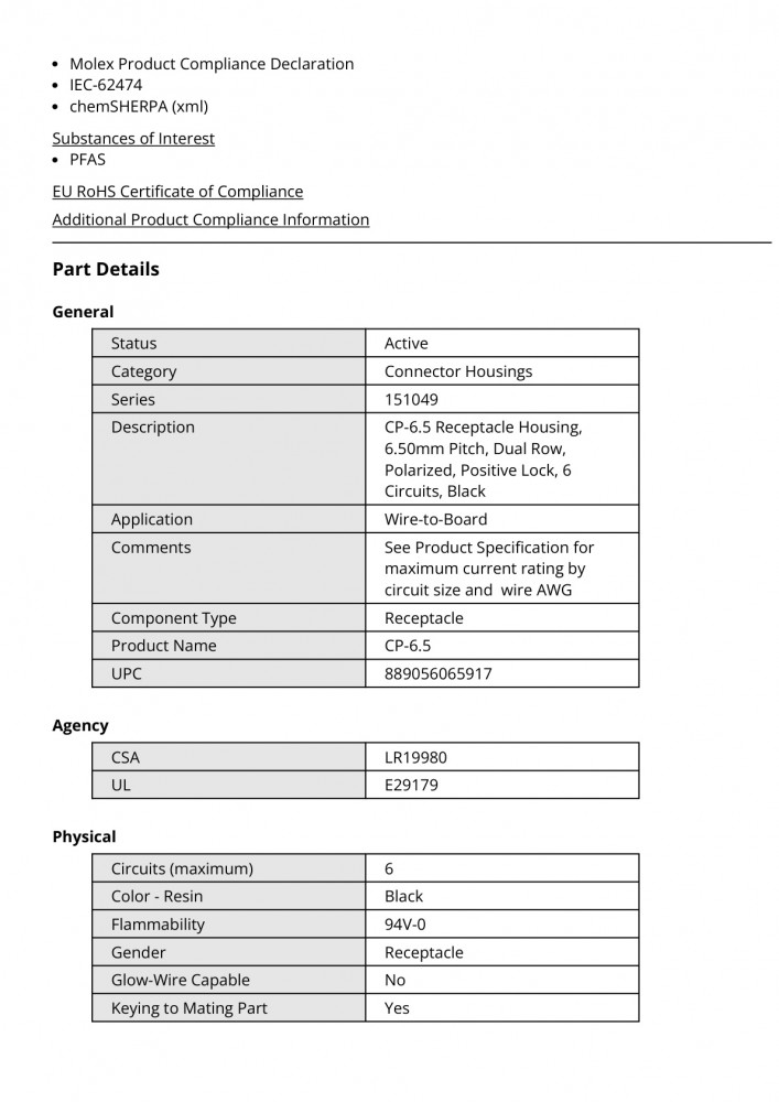 Molex CP 6.5 connector specification preview, page 2