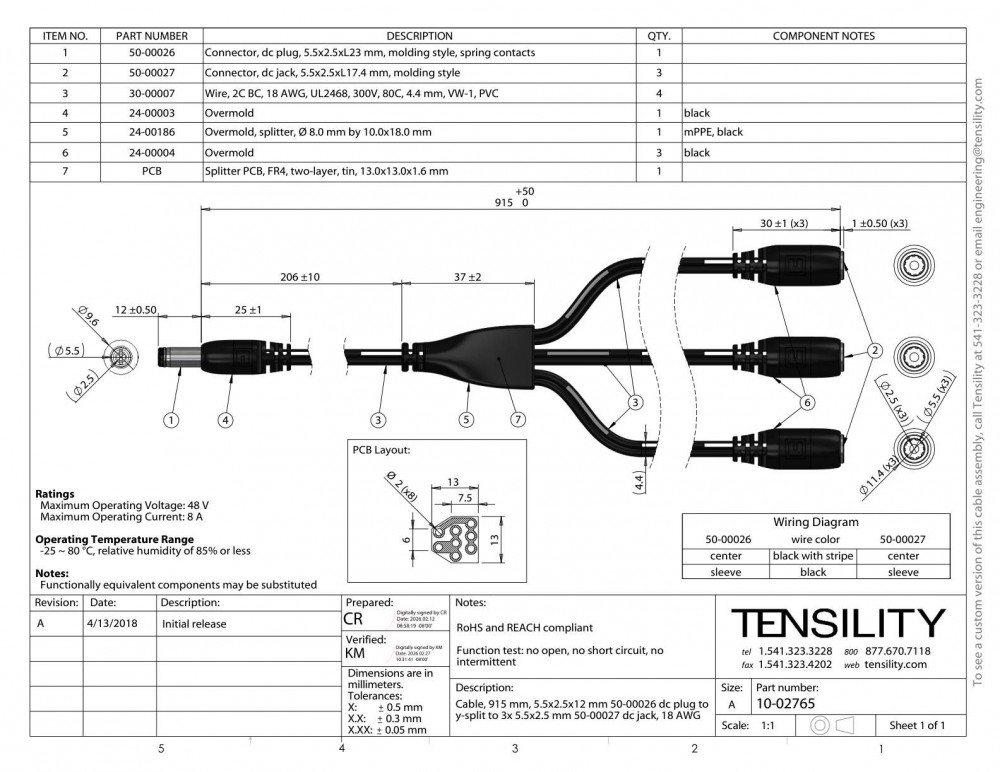 Tensility International 10-02765 product drawing and wiring diagram