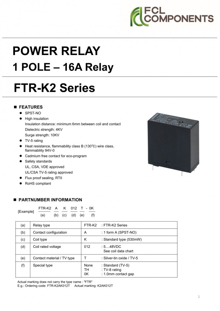 FTR-K2 datasheet page 1