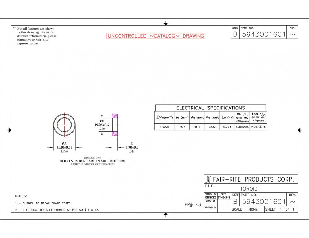 Fair-Rite 5943001601 technical document preview
