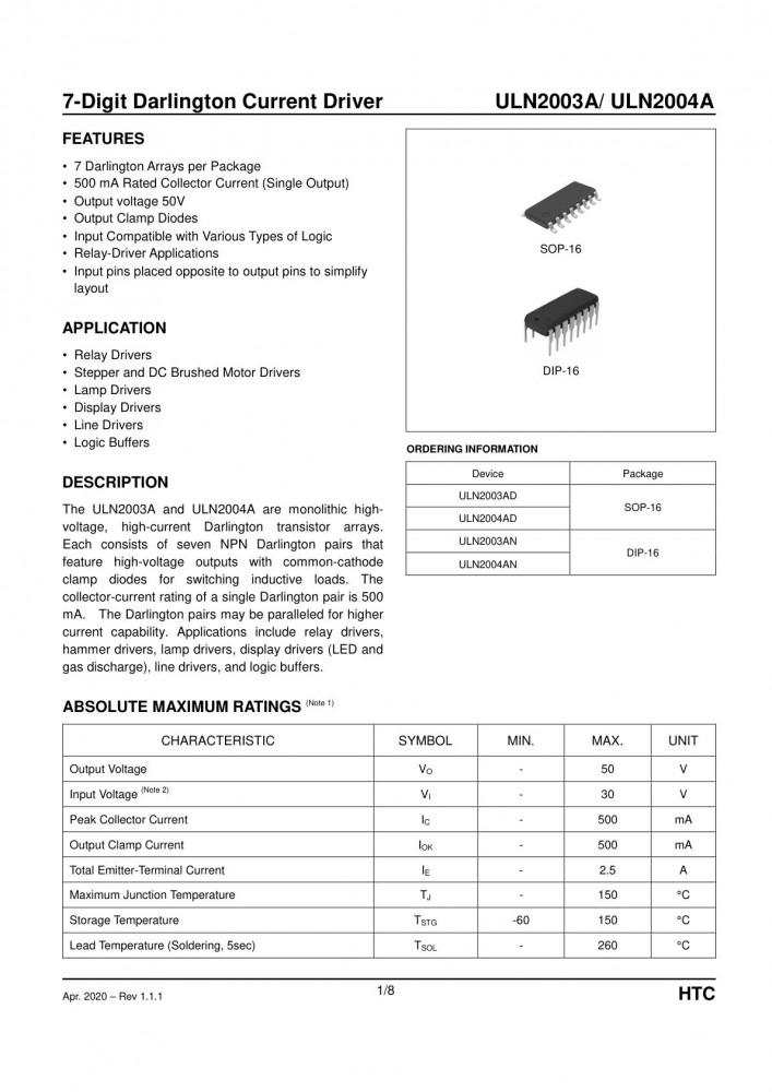 ULN2004AD datasheet page 1