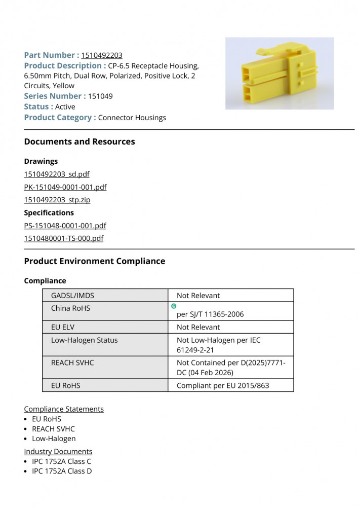 Molex CP 6.5 mm connector specification page 1