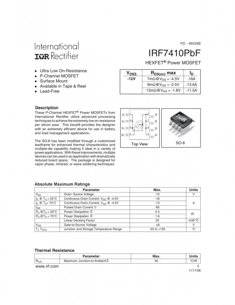 IRF7410TRPBF datasheet page 1