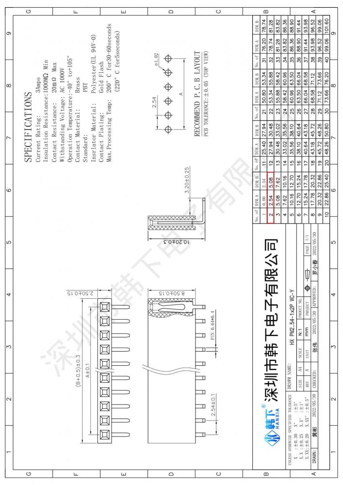 HX PM2.54-1x2P WC-Y specification page 1