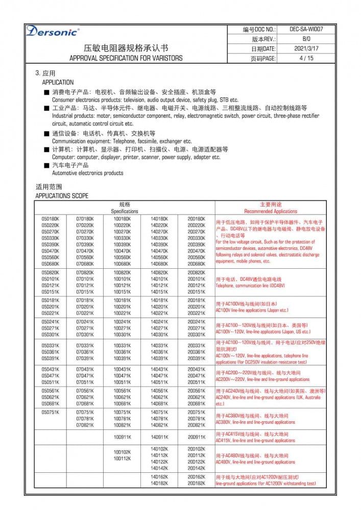 Dersonic varistor approval specification page 5
