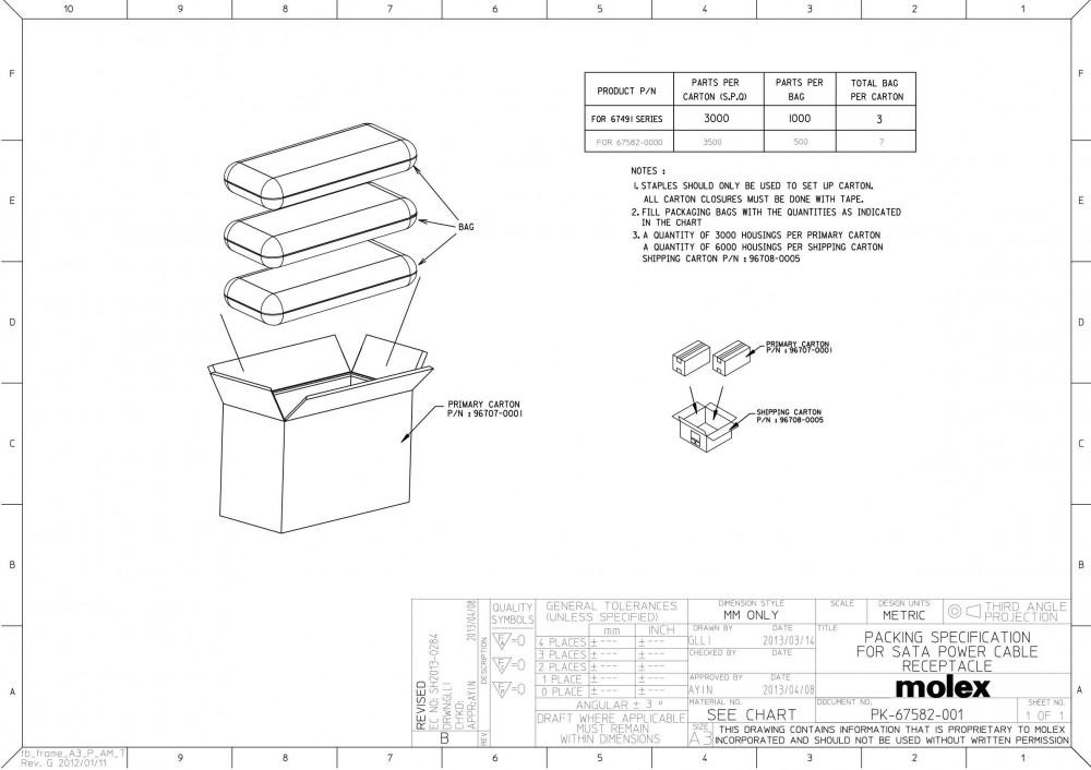 Packing specification document image for the SATA power cable receptacle