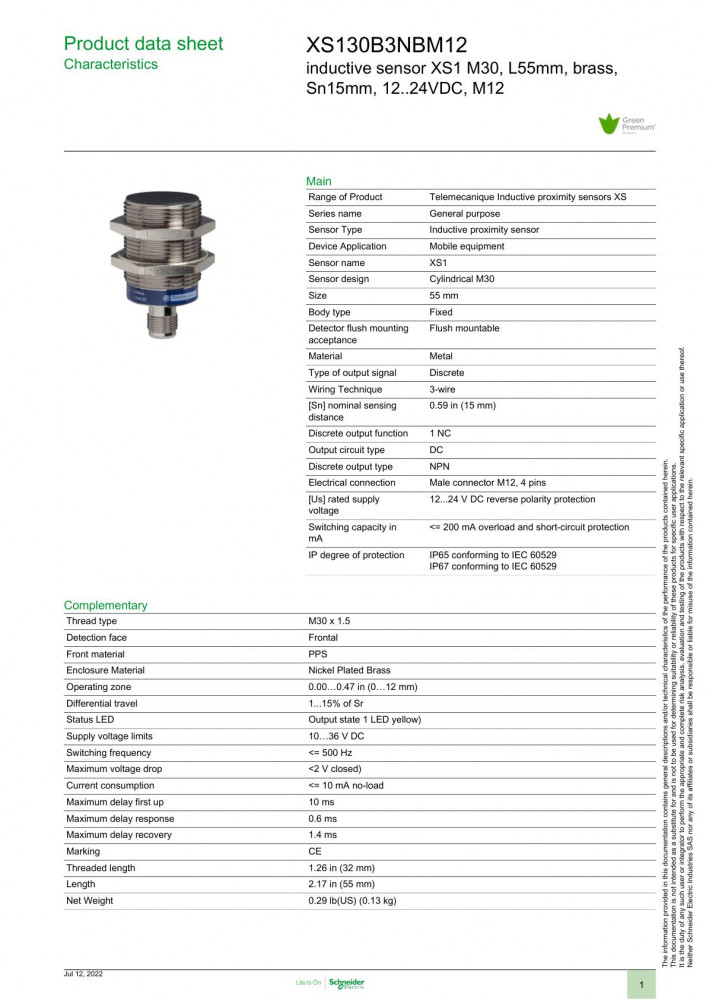 XS130B3NBM12 technical document page 1