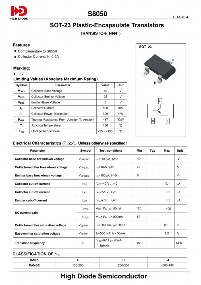 High Diode S8050 datasheet page 1