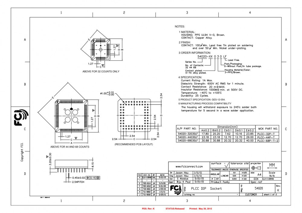 Amphenol 54020 PLCC DIP Socket drawing page 1