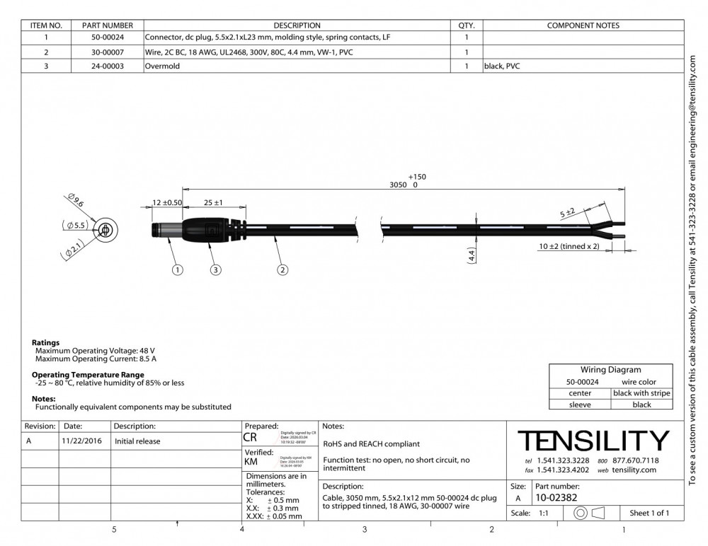 Tensility International 10-02382 product drawing and wiring information