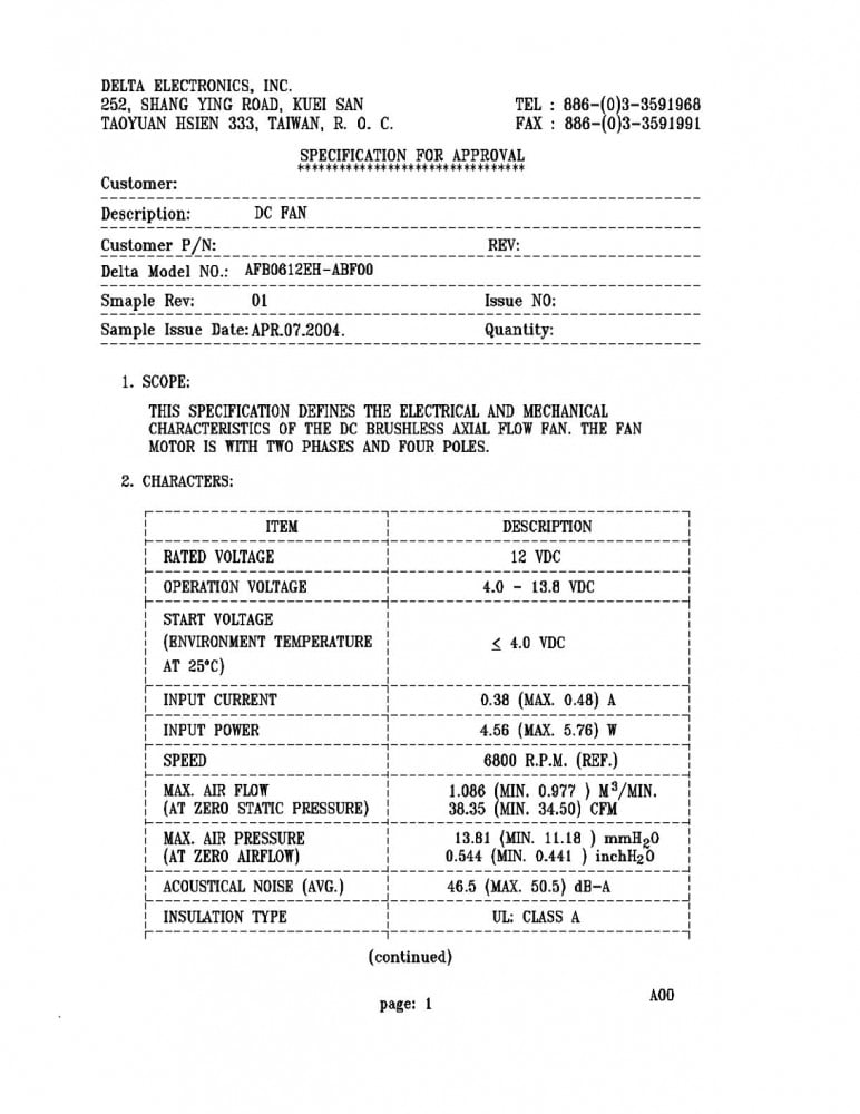 AFB0612EH-ABF00 specification page 1