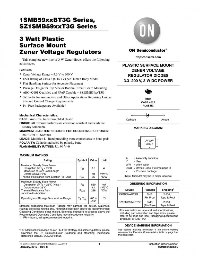 1SMB5935BT3G datasheet page 1
