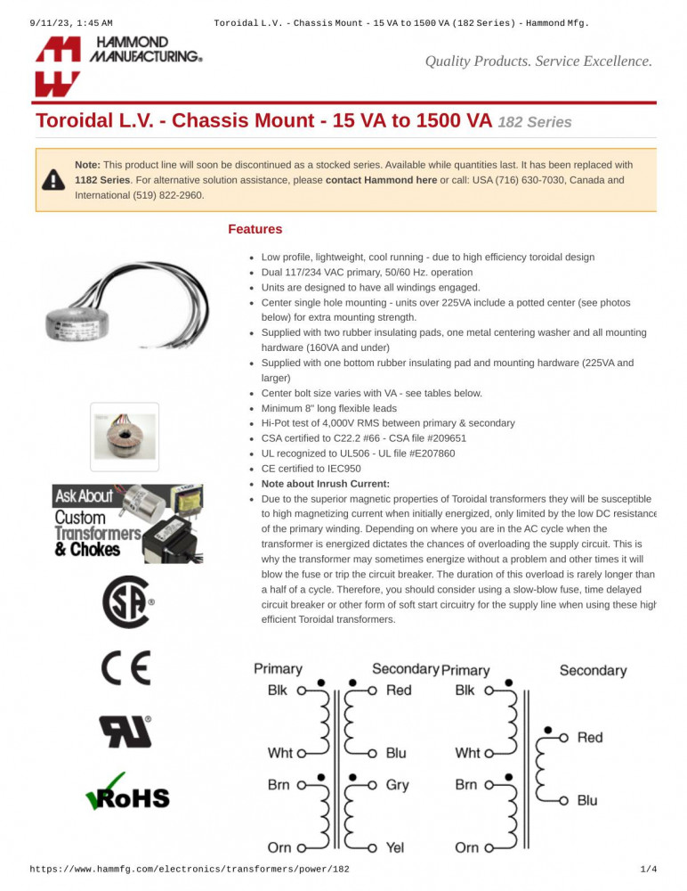Hammond 182 Series technical documentation page 1