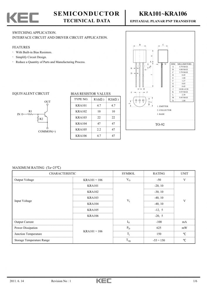 KRA101-AT/P datasheet page 1