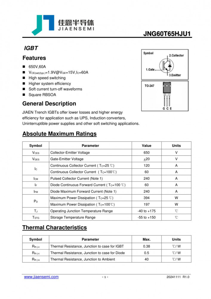 JNG60T65HJU1 datasheet page 1