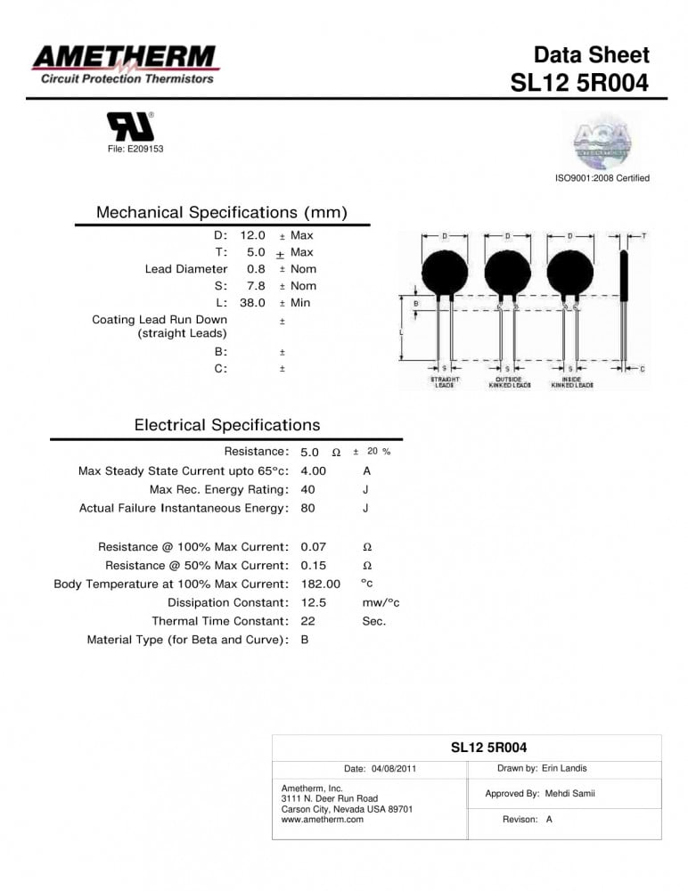 Ametherm SL12 5R004 specification drawing