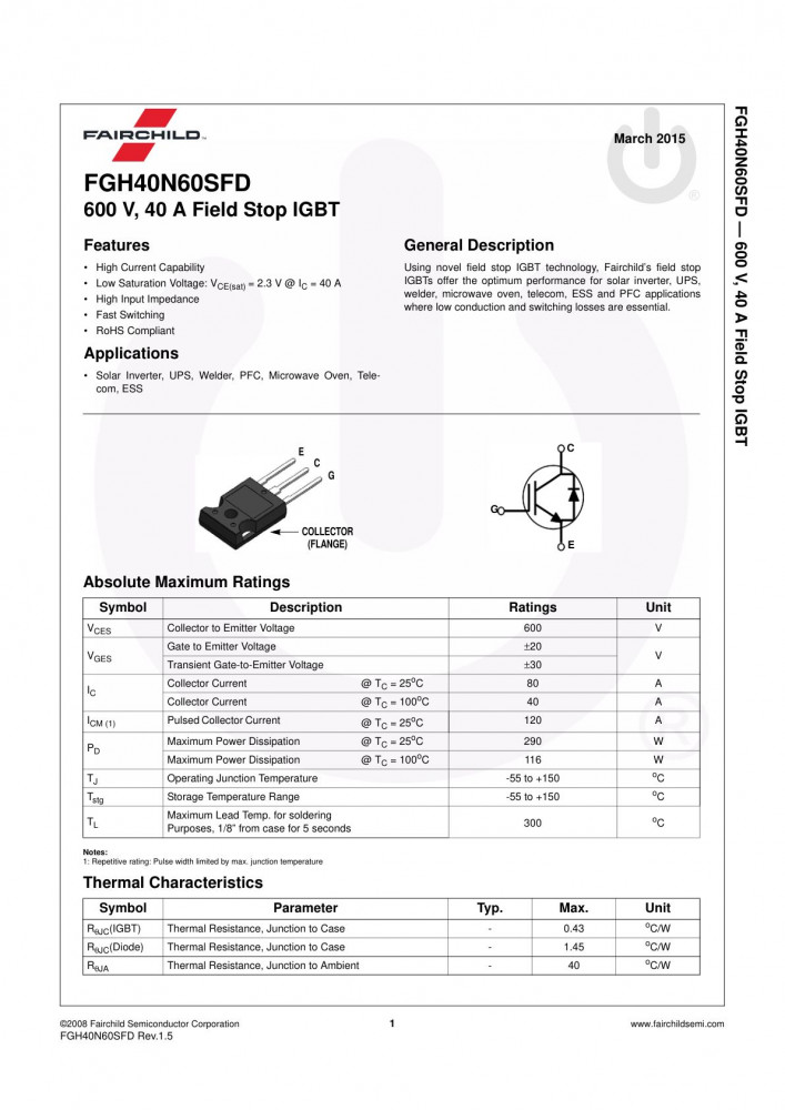 FGH40N60SFDTU datasheet page 1
