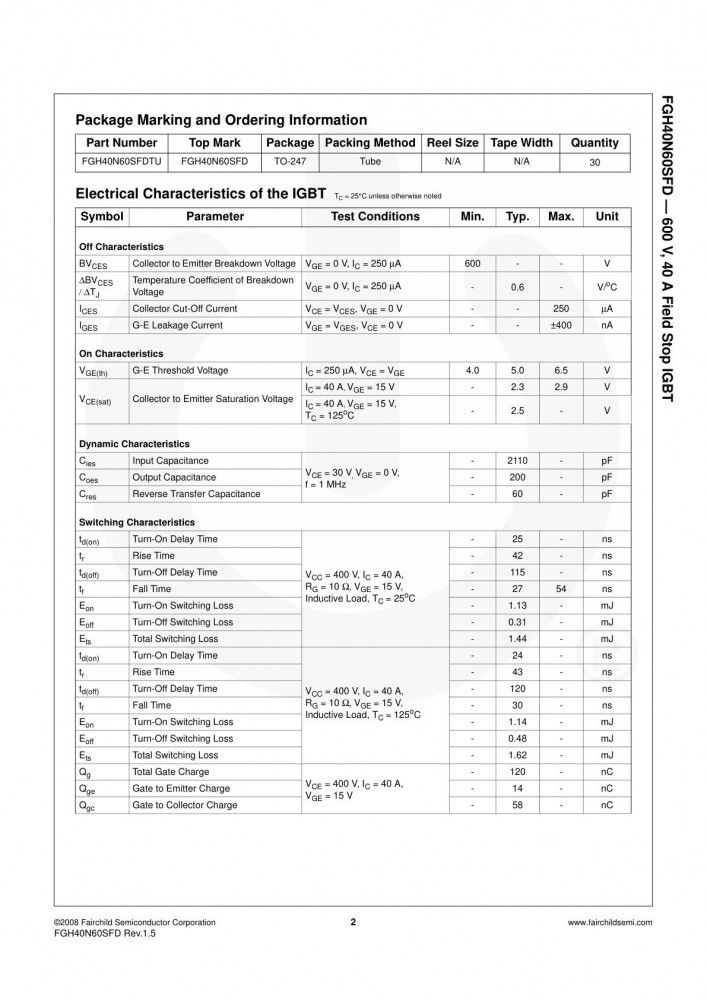 FGH40N60SFDTU datasheet page 2