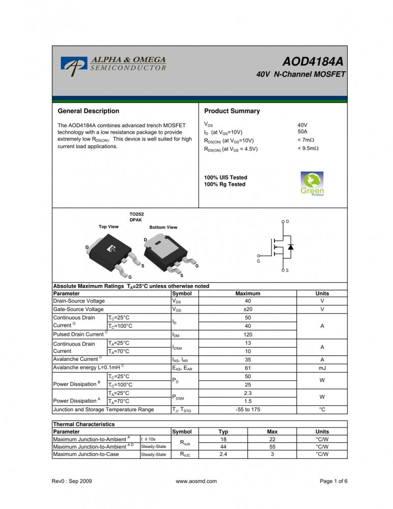 AOD4184A datasheet page 1