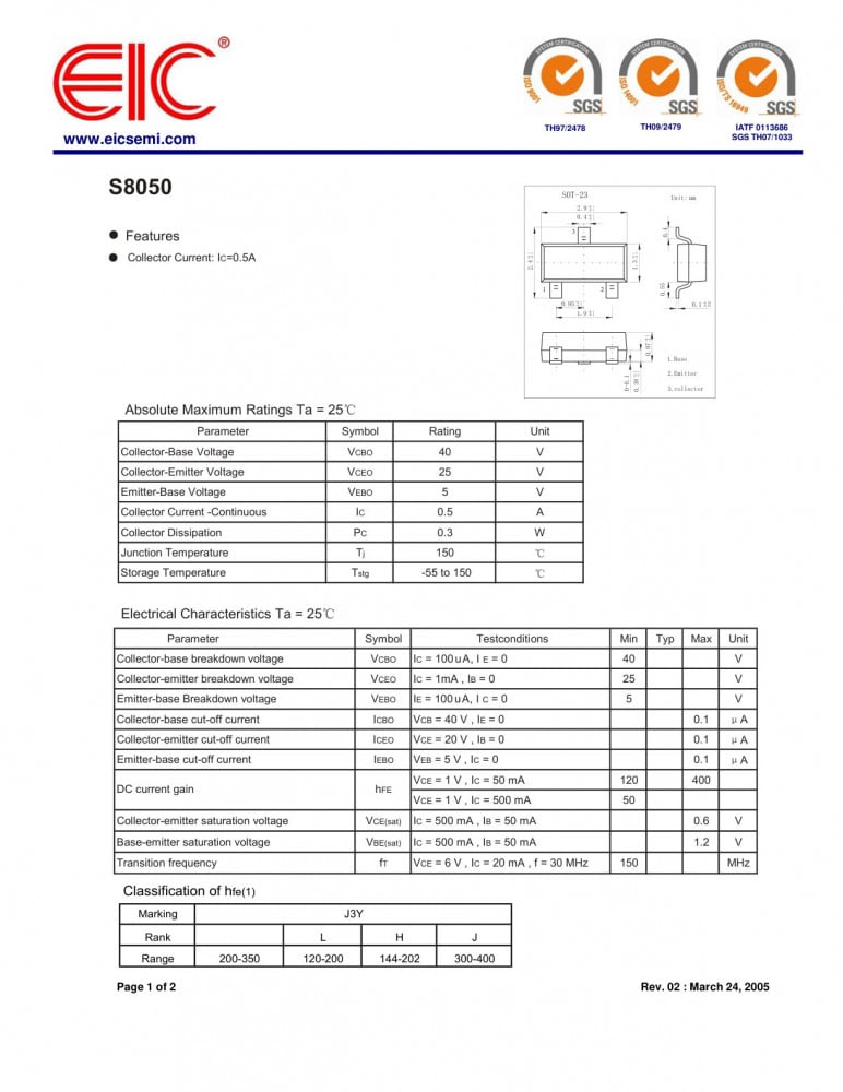 EIC S8050 datasheet page 1