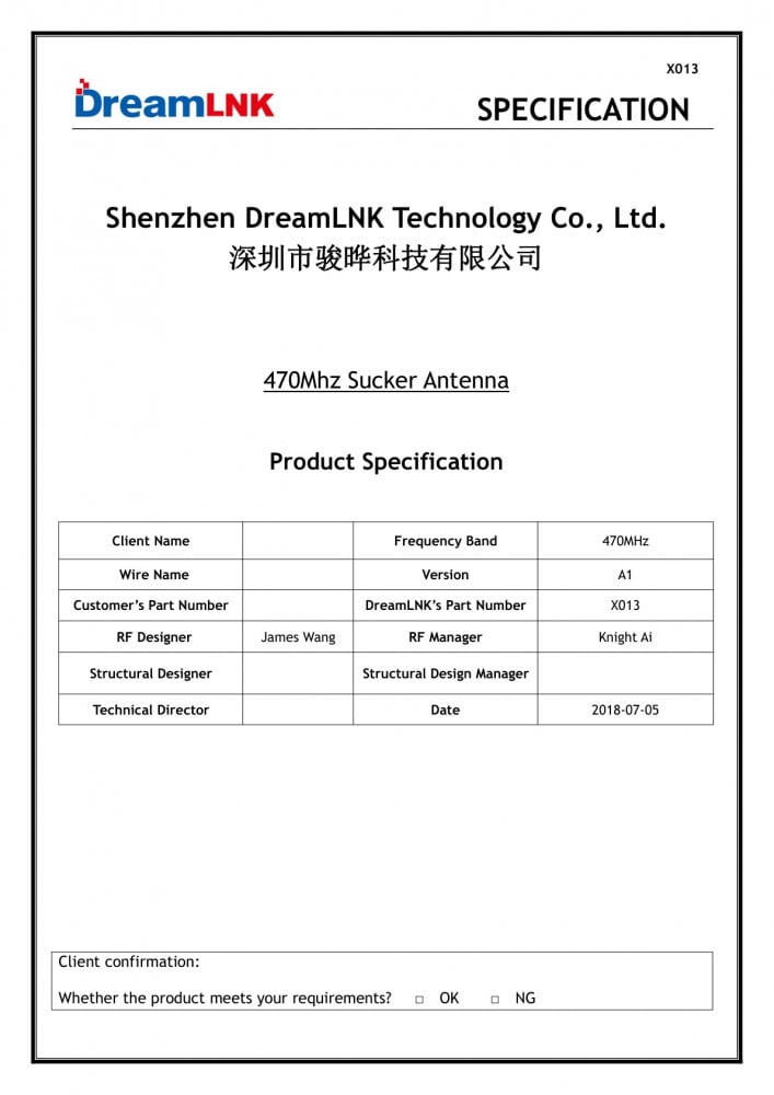 DreamLNK X013-470M specification page 1