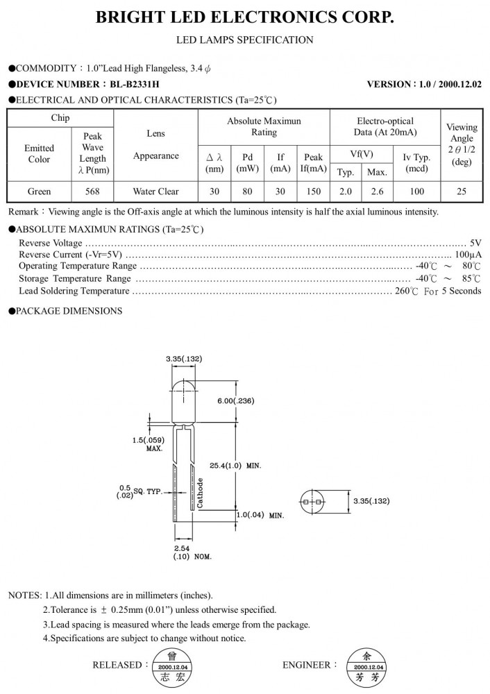 BL-B2331H LED lamp specification sheet image