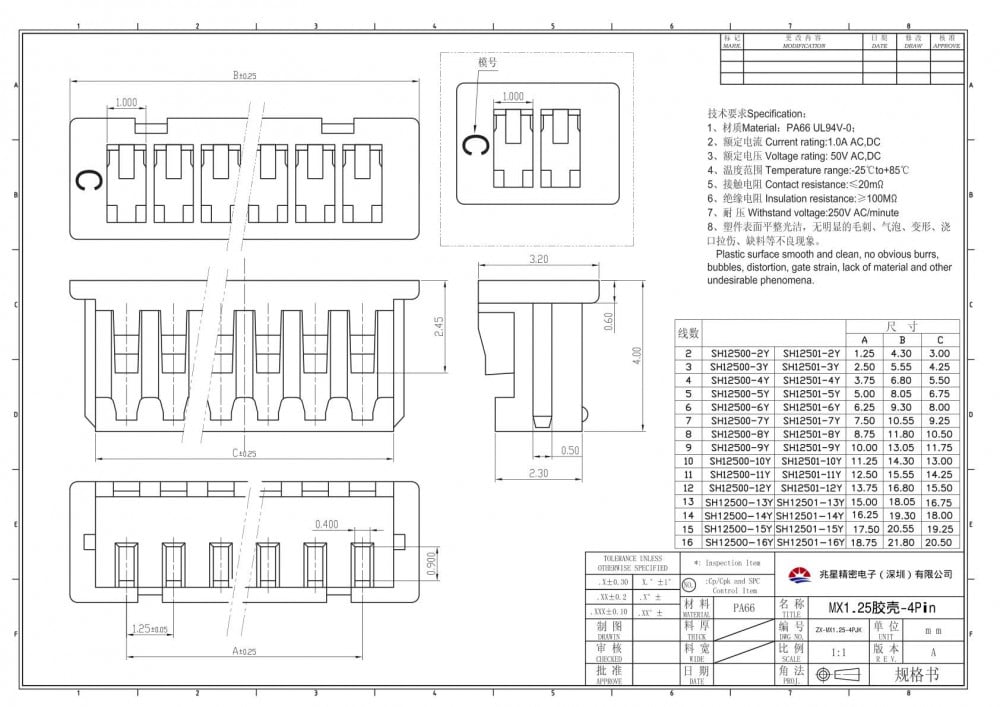 Megastar ZX-MX1.25-4PJK technical drawing page