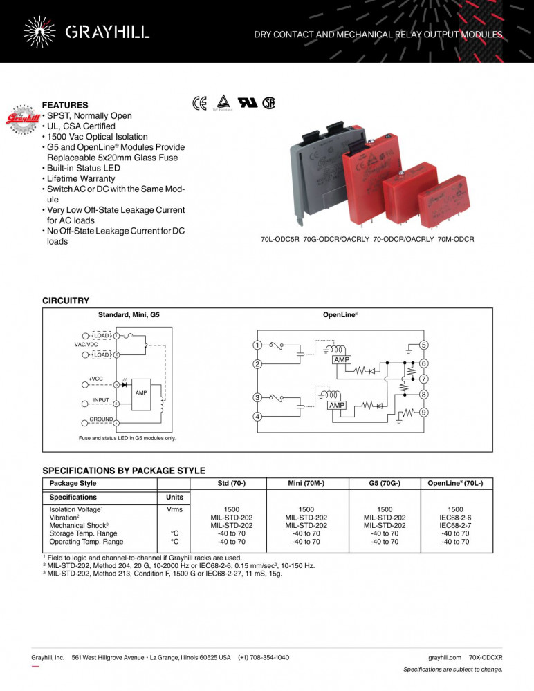Grayhill 70-series I/O module datasheet page 1