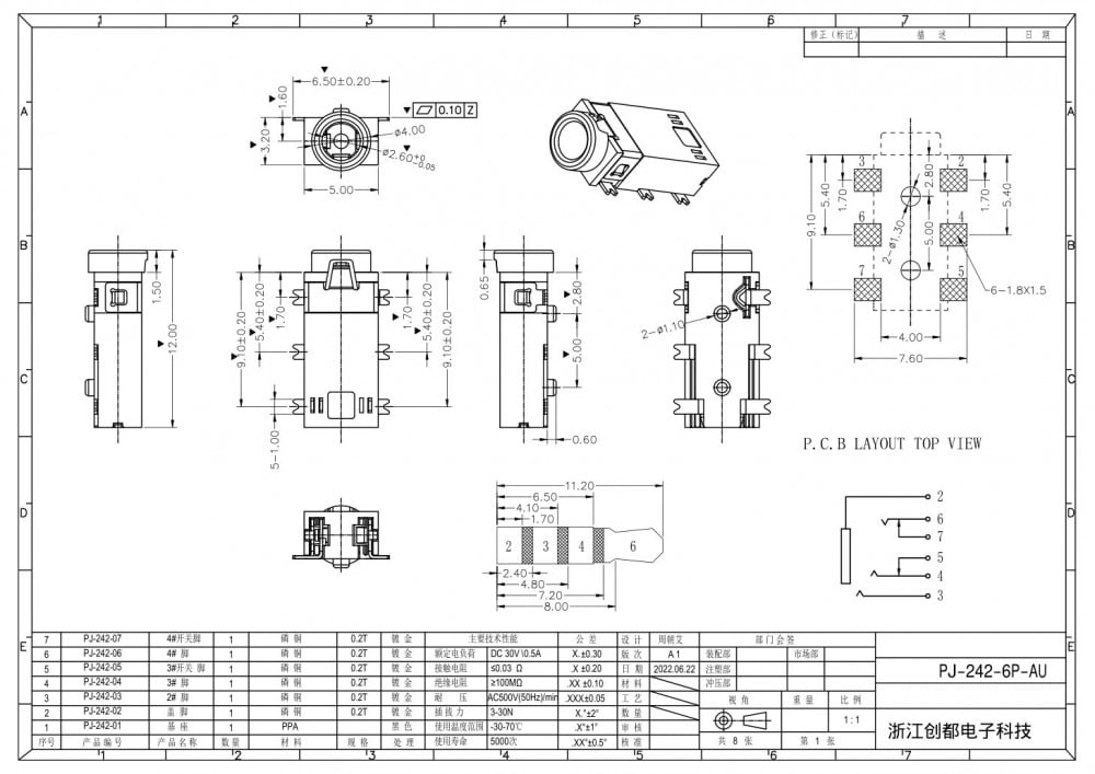 CAX PJ-242-6P-AU technical document preview