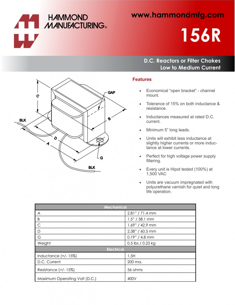 Hammond 156R technical specification page