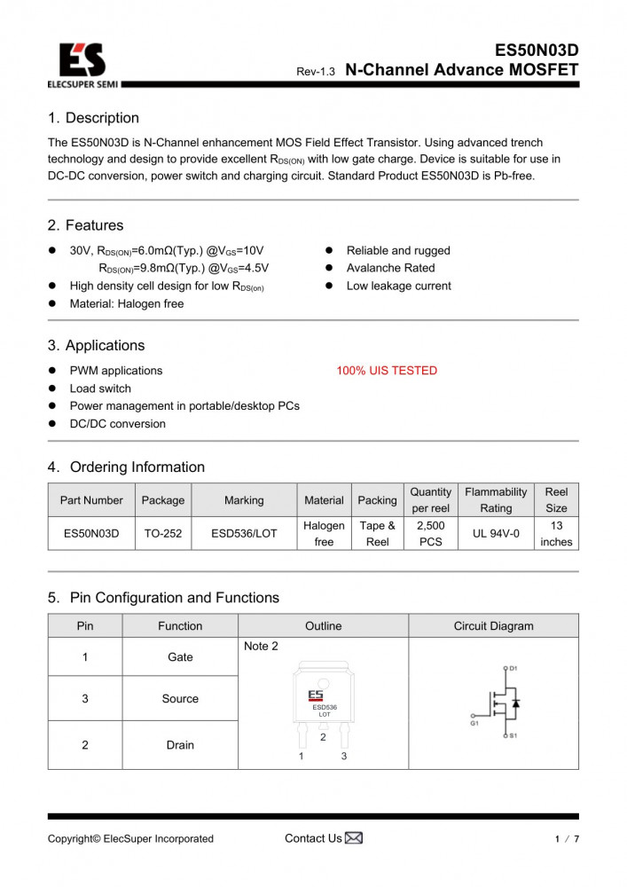 ES50N03D technical document page 1