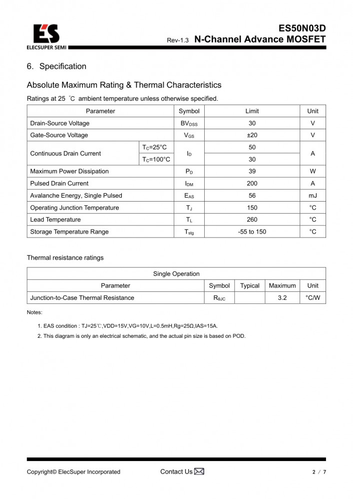 ES50N03D technical document page 2