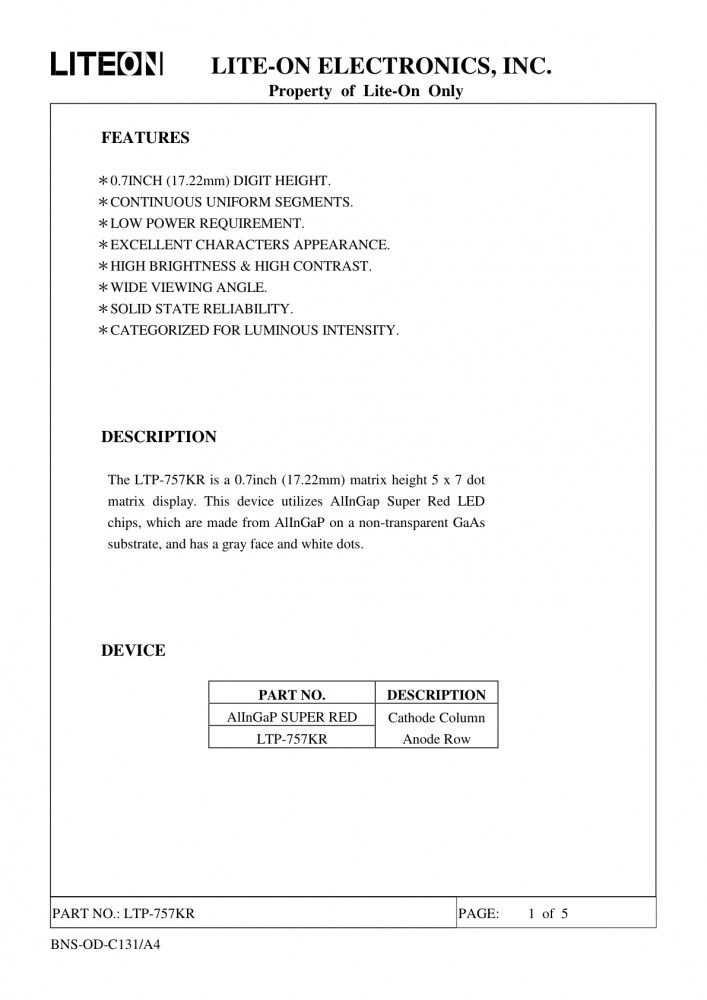 LTP-757KR datasheet page 2: package dimensions and internal circuit diagram