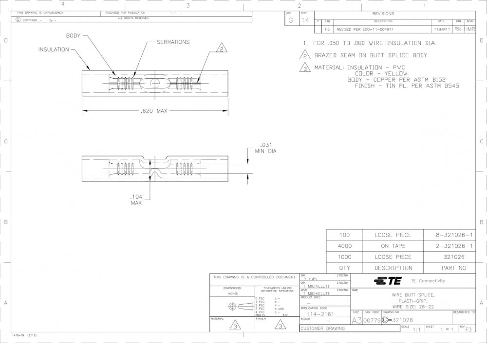TE Connectivity model 321026 technical drawing page