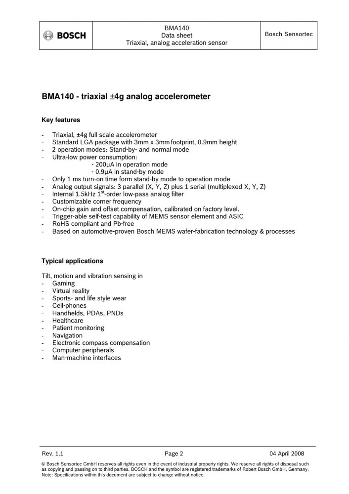 BMA140 datasheet page 2
