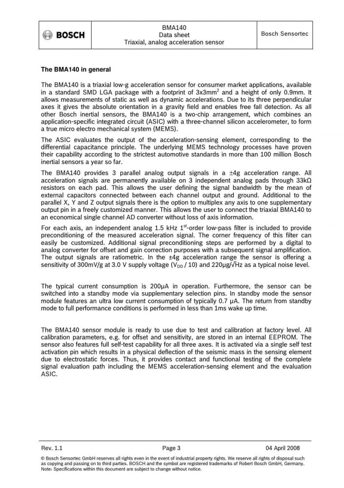 BMA140 datasheet page 3