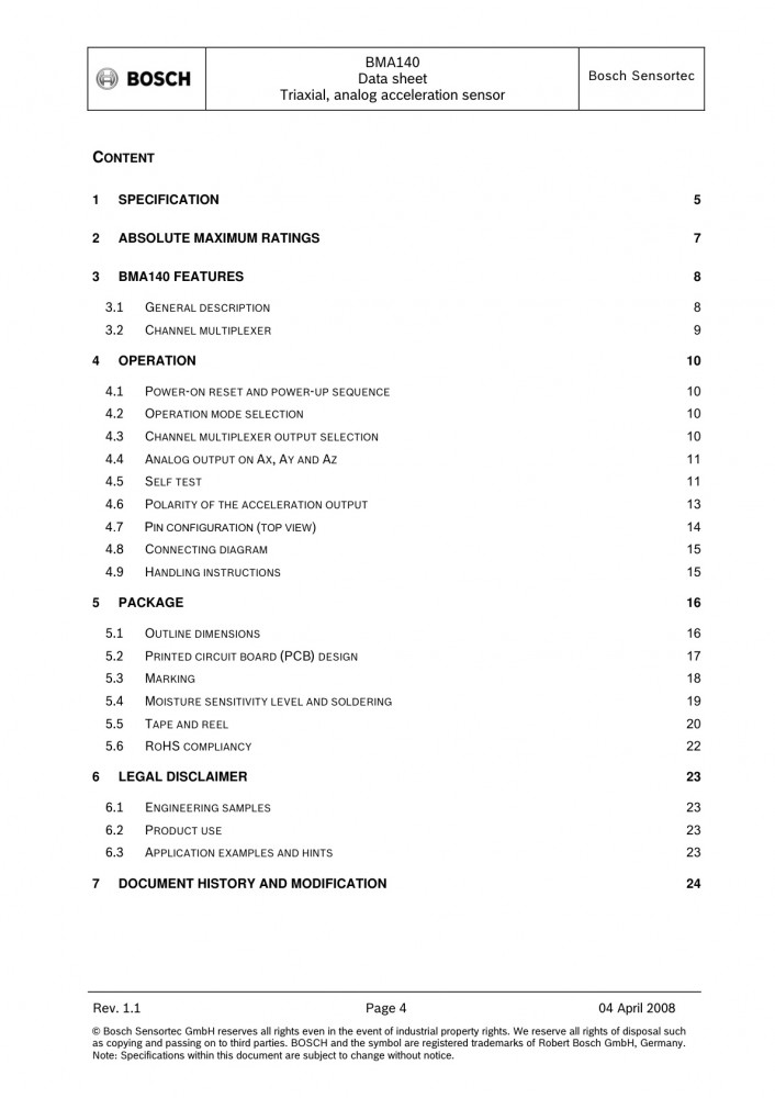 BMA140 datasheet page 4