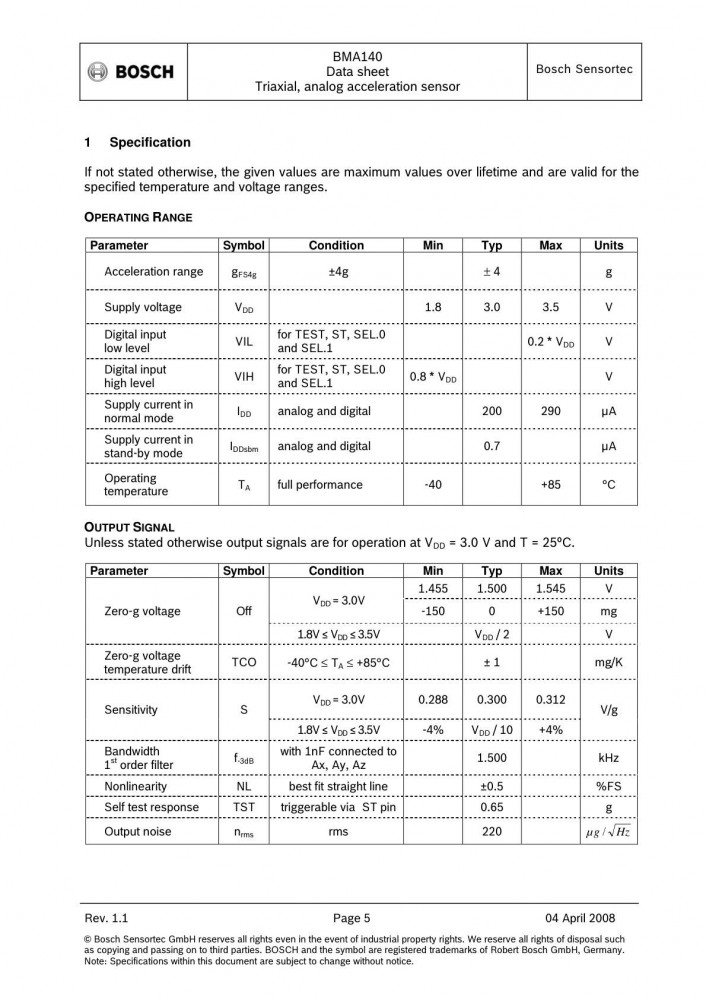BMA140 datasheet page 5