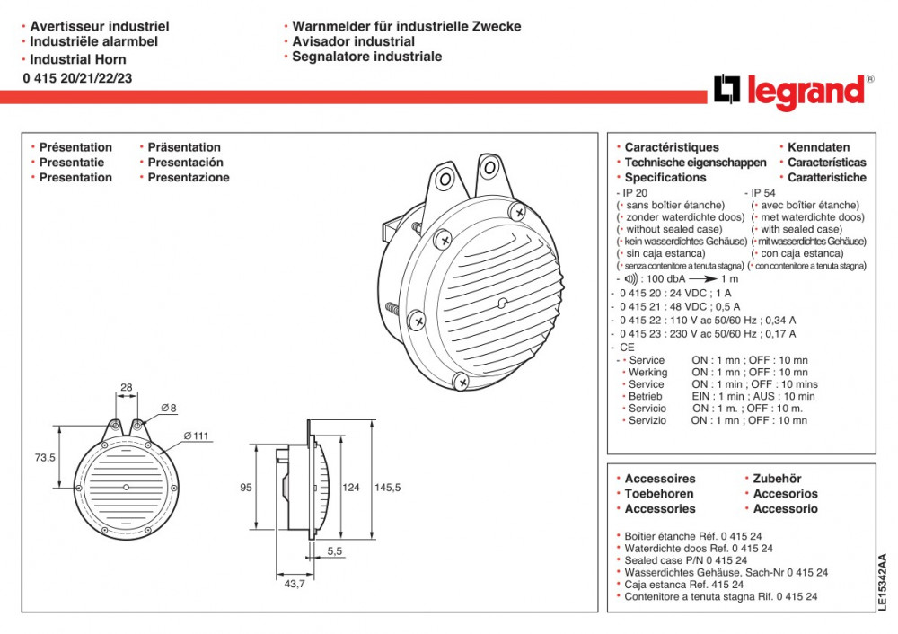 Legrand industrial horn technical document, page 1