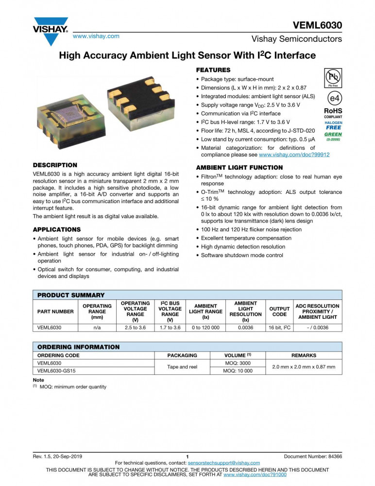 VEML6030-GS15 datasheet page 1