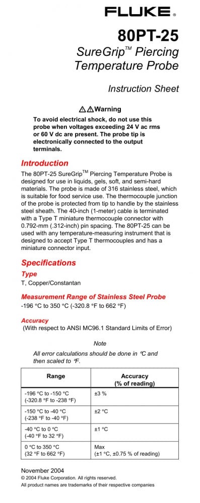 FLUKE 80PT-25 instruction sheet page 1