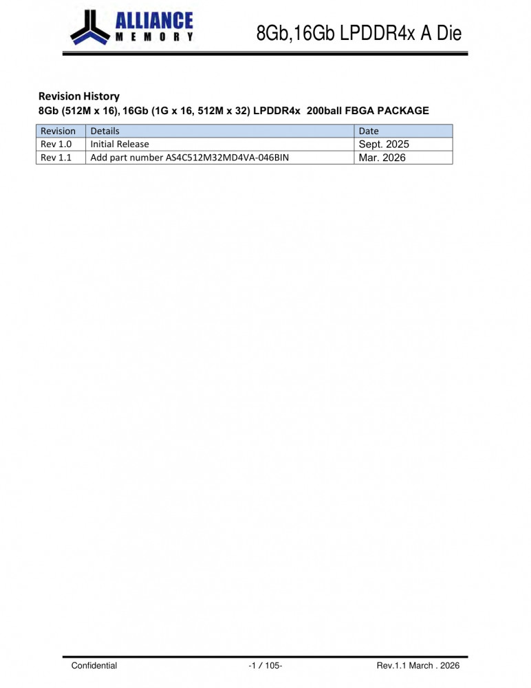 Alliance Memory LPDDR4X datasheet page 1
