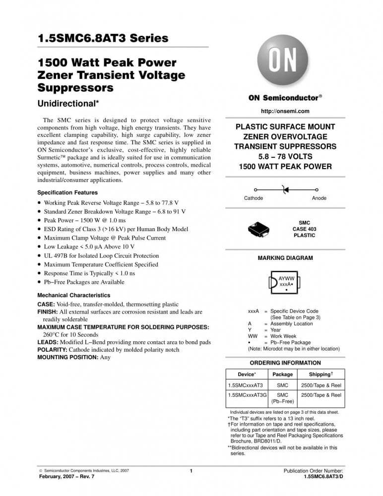 1.5SMC62AT3G datasheet page 1