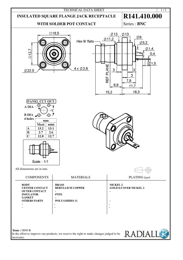 Radiall R141410000 technical sheet, page 1