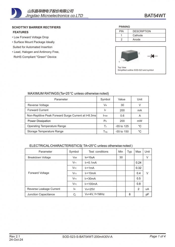 BAT54WT datasheet page 1