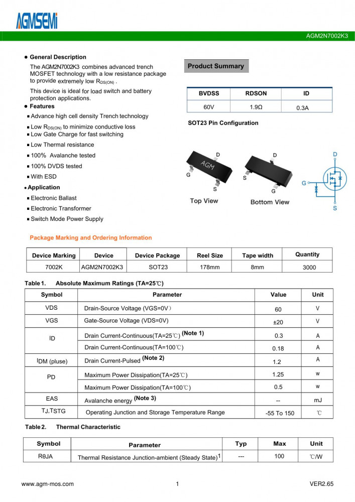 AGM2N7002K3 datasheet page 1