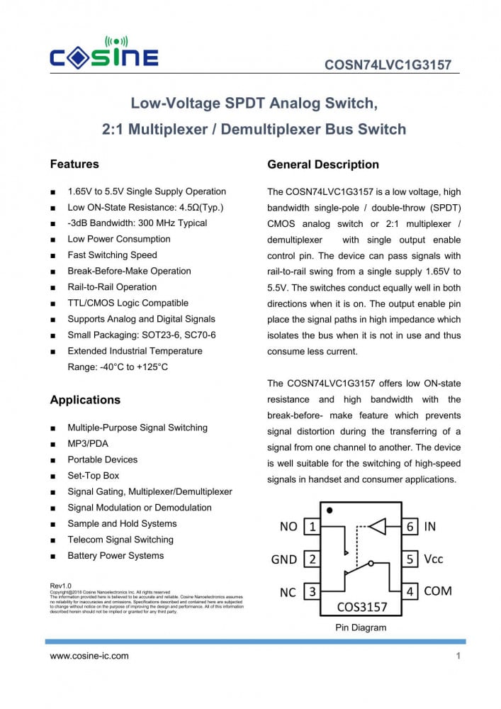 COSN74LVC1G3157 datasheet page 1