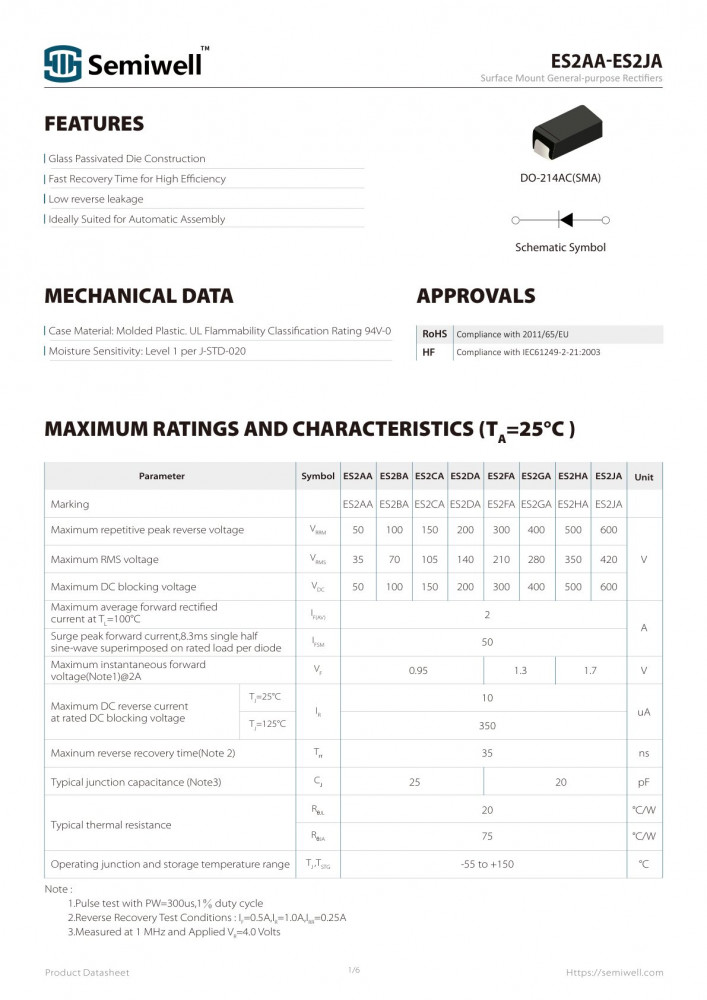 Semiwell ES2DA datasheet page 1