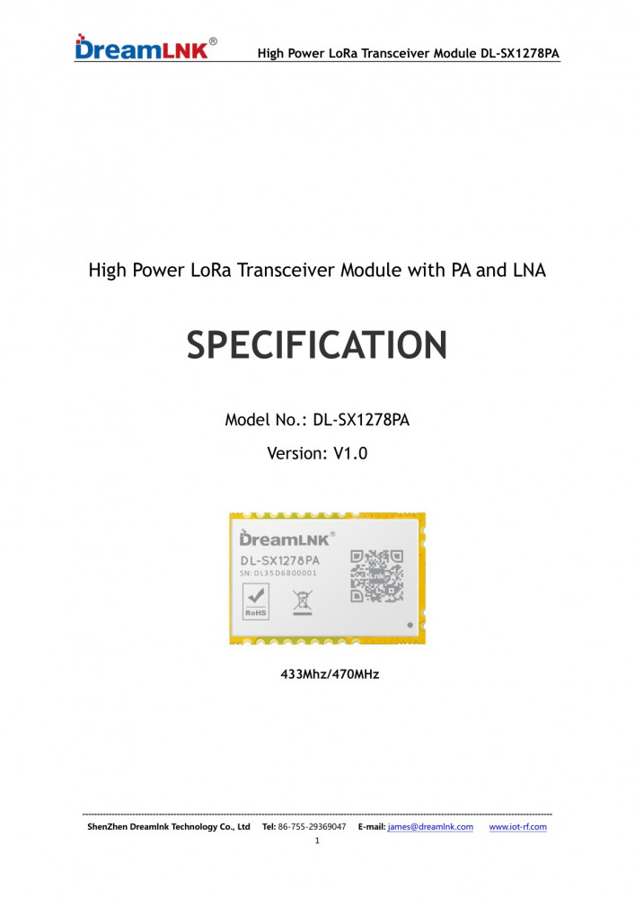 DL-SX1278PA datasheet page 1